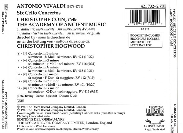 Vivaldi 6 Cello Concertos - Academy of Ancient Music olv Hogwood (CD 1989) - Het Plaathuis
