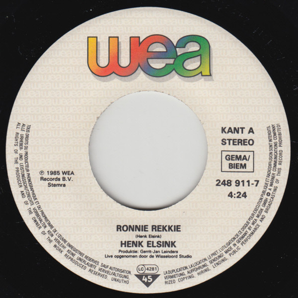 Henk Elsink ‎– Ronnie Rekkie (7"si NL 1985) - Het Plaathuis